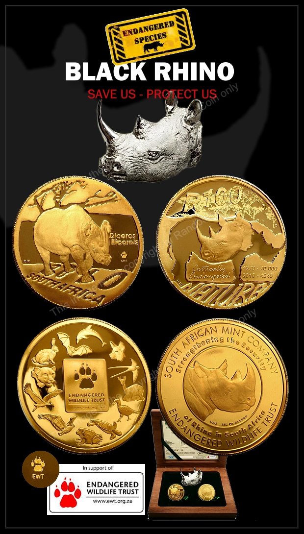 2009 and 2010 Gold Proof White and Black Rhino Natura Launch Sets 1oz Coins