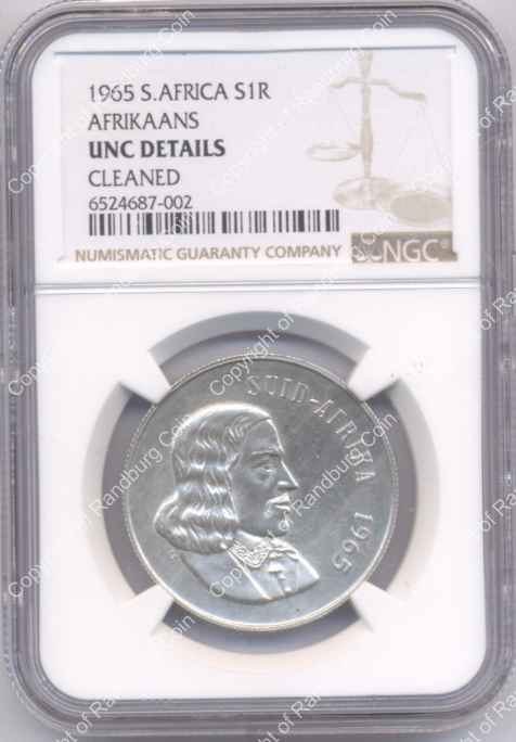 One Rand - *#* 1965 NGC SLABBED SILVER R1 Afrikaans UNC Dets Cleaned - LOW mintage *#* for sale ...