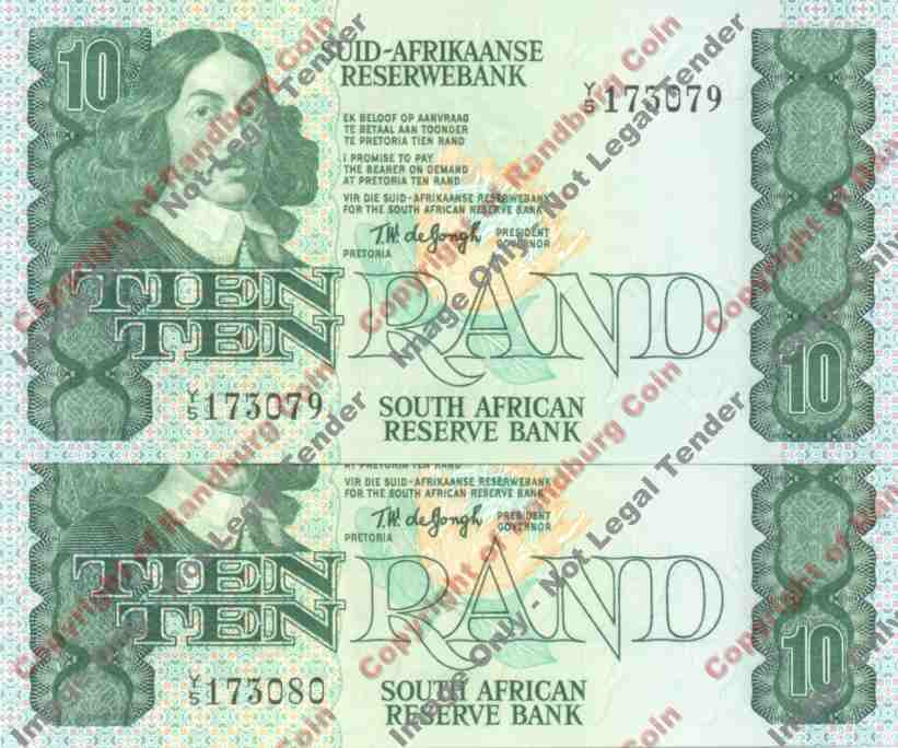 TW De Jongh - 4th Issue - Ten Rand - Replacement Note x 2